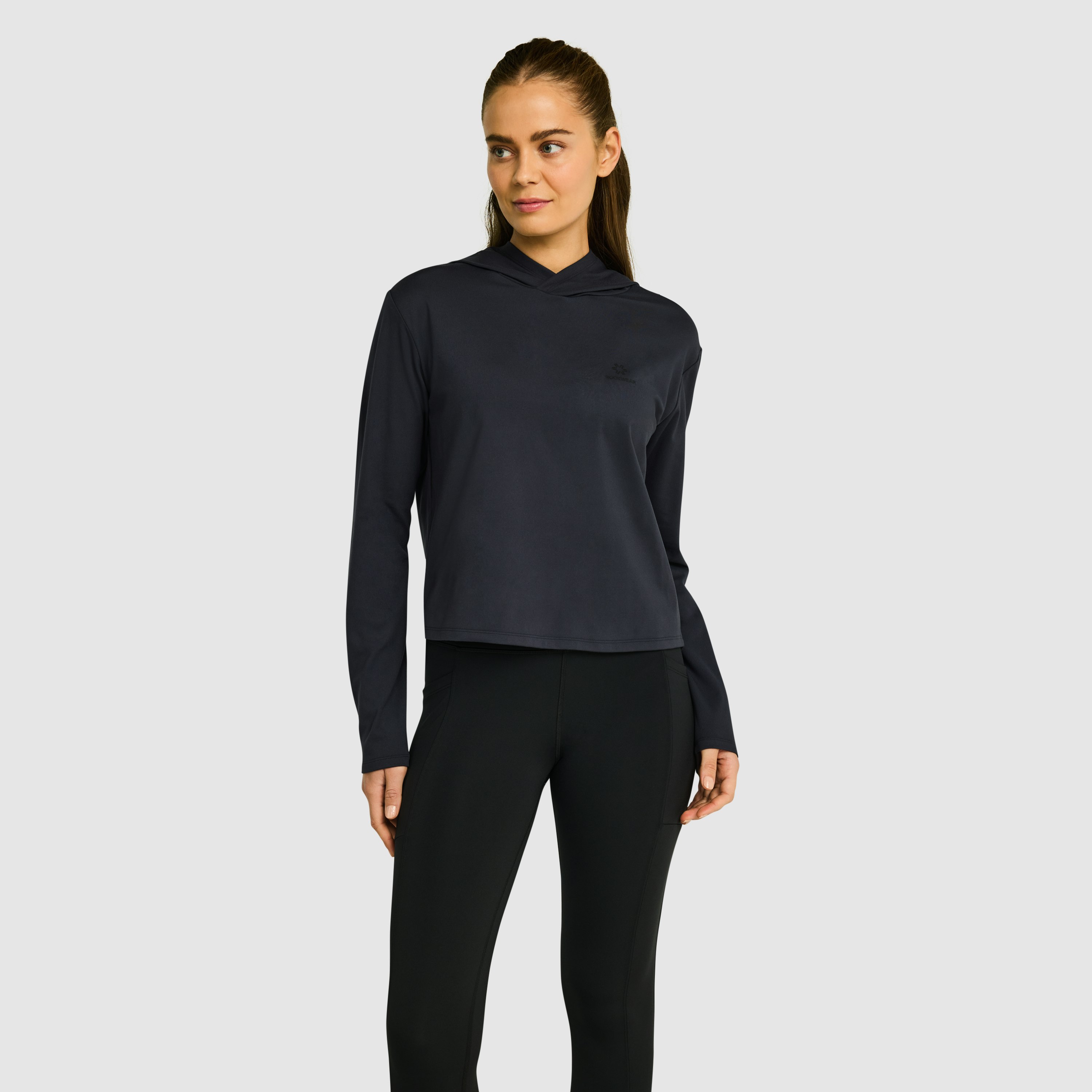 Dark Grey Logo Front Hooded Long Sleeve Top | Women's Tops | Rockwear AU